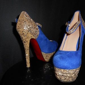 Shoes | Sexy Blue Gold Stiletto High Heel Pumps Fancy Prom | Poshmark